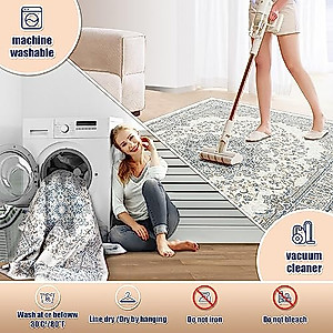 8x10 Area Rugs for Living Room: Large Machine Washable Area Rug with Non Slip Backing Neutral Farmhouse Rug Thin Floral Print Indoor Carpet for Under Dining Table Home Office Multi
