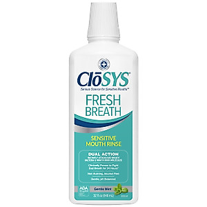 CloSYS Sensitive Mouthwash, 32 Ounce, Gentle Mint, Alcohol Free, Dye Free, pH Balanced, Helps Soothe Mouth Sensitivity, Fights Bad Breath