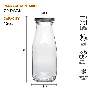 12 oz Glass Bottles, Clear Glass Milk Bottles with Silver Metal Airtight Lids, Vintage Breakfast Shake Clear Container, Vintage Drinking Bottles with Whiteboard Labels and Pen for Party,Kids,Set of 20