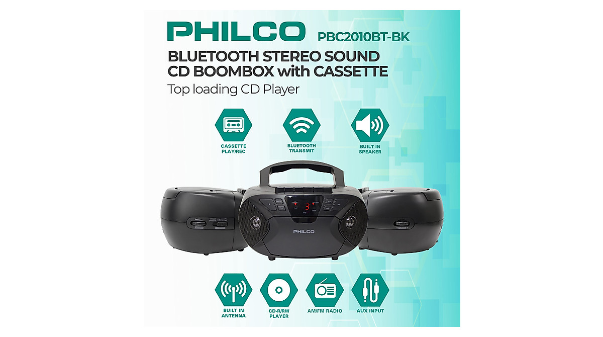 Philco Portable Bluetooth Boombox with CD and Cassette Player