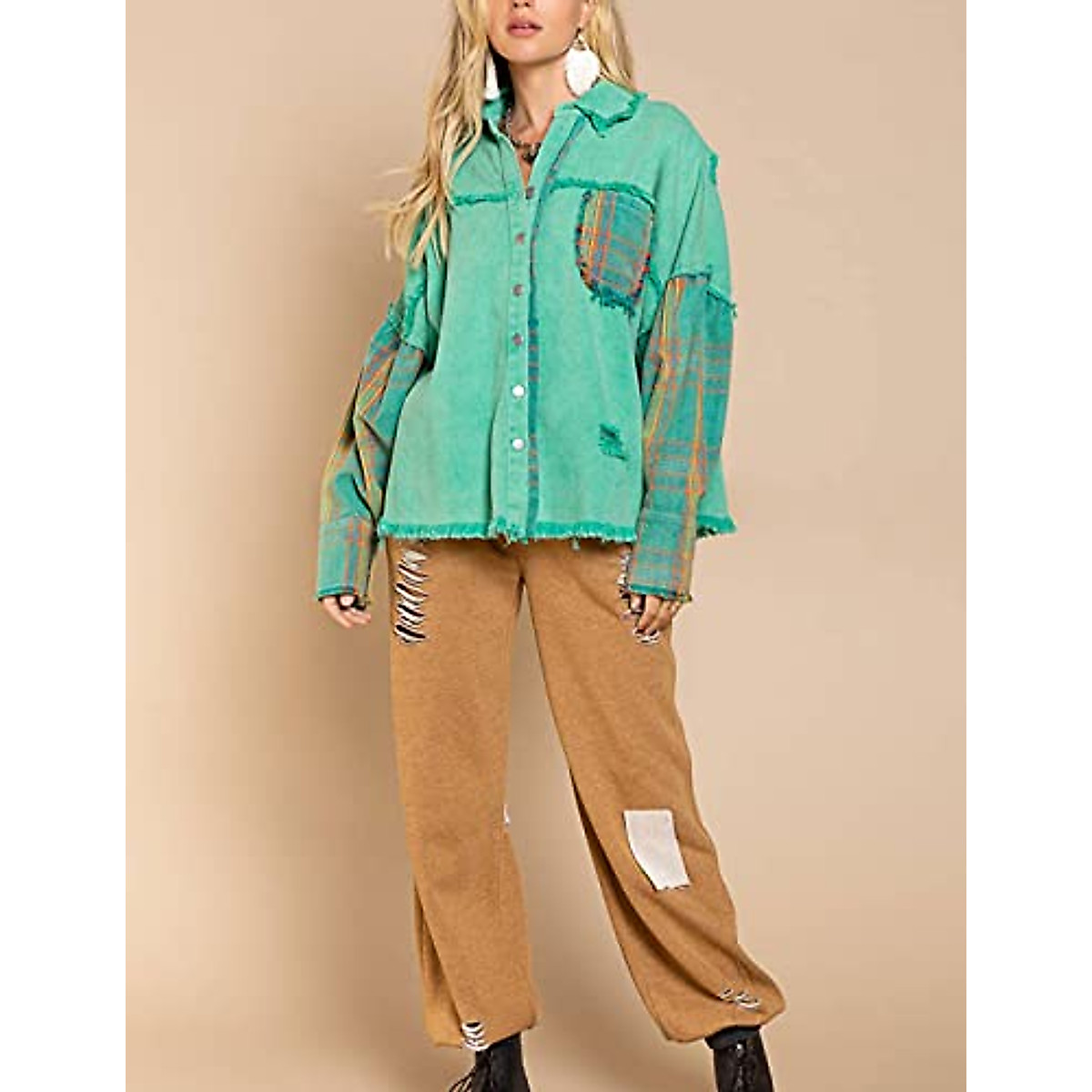 Zontroldy Denim Jean Jacket Shirt for Women Plaid Patchwork Distressed Ripped Frayed Denim Jean Jackets Shacket(0828-Green-M)