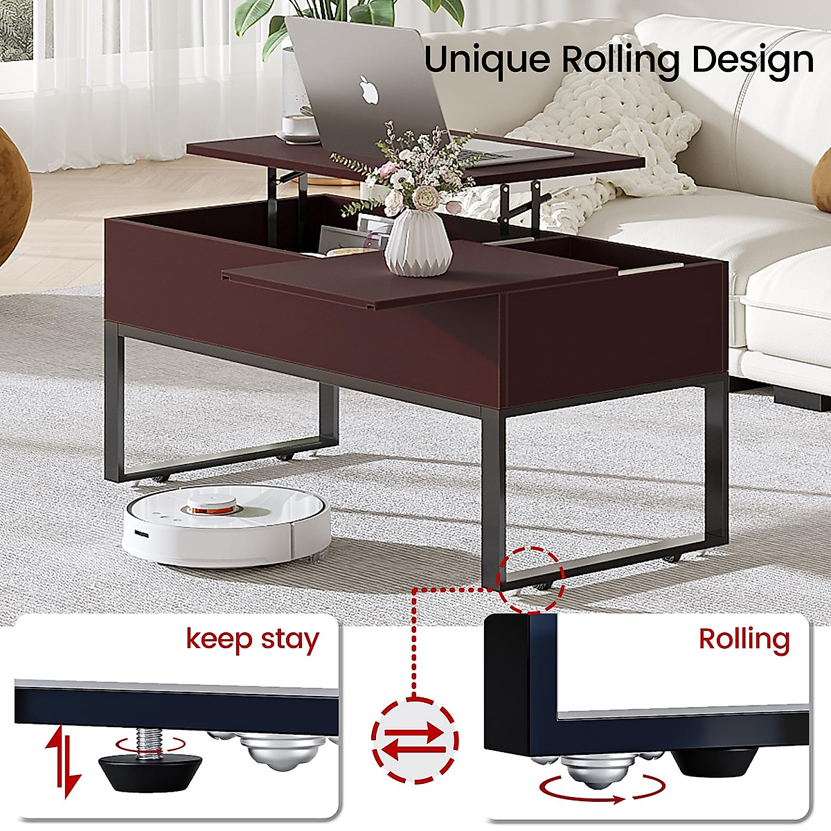 VEELOK Lift Top Coffee Table for Living Room with Hidden Storage Compartment on Rolling Wheels, 3-Way Slide Desktop Drawer Modern Coffee Tables, 43.3" Wood Coffee Table, 440lbs Max Weight, Espresso