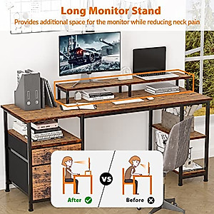 Furologee Computer Desk with Shelves and Drawer, 61" Long Desk with Fabric File Drawer, Industrial Writing Desk with Large Monitor Stand, Study Gaming Table Workstation for Home Office, Rustic Brown
