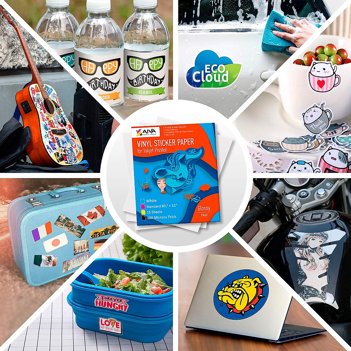 Printable Vinyl Sticker Paper for Inkjet Printer - Glossy White - 15 Self-Adhesive Sheets - Waterproof Decal Paper - Standard Letter Size 8.5"x11"