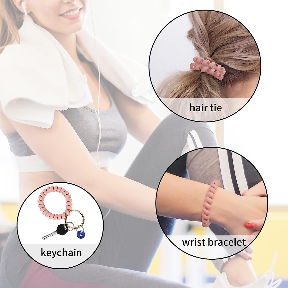 QIUTIMIY 6PCS Wristlet Keychain(Matte Medium), Colorful Spiral Coil Hair Tie for Women, Sauna Accessaries Wrist Coil Key Ring Key Holder