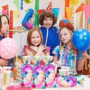 BLEWINDZ 100 Pieces Cellophane Treat Bags,11"X 5"Small Cellophane Bags, Tie-Dye Cello Gift Bags with Ties, Goodie Bags Candy Bags for Party Supplies (Rainbow)