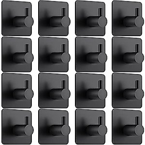 Shimeyao 16 Pcs Black Adhesive Hooks Heavy Duty Wall Hooks Bathroom Towel Hook Matte Black Stainless Steel Waterproof for Hanging Coat Hat Towel Robe Key Clothes Office Kitchen Bathroom