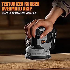 WORKSITE 20V MAX Cordless Random Orbital Sander, 5-Inch Variable Speed Orbital Hand Sander w/2.0A Battery, Charger,Dust Collector and 30pcs Sanding Discs, Gray