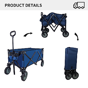 Wagon Cart with Wheels Foldable,Utility Garden Cart with Heavy-Duty Steel Frame,Portable Outdoor Utility Beach Wagon,Collapsible Wagon,Dark Blue Trolley Cart Carry up to 225 Pounds
