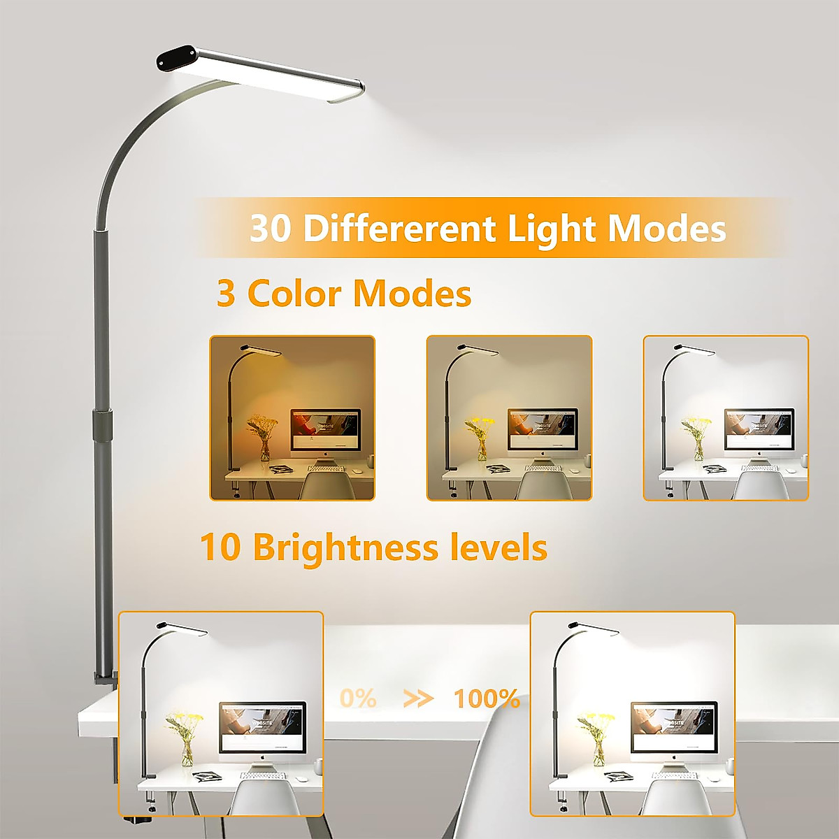 AWLYLNLL LED Desk Lamps for Home Office with USB Adapter, Eye-Caring Gooseneck Architect Desk Lamp with Clamp, 3 Colors Modes 8W Dimmable Brightness Desk Light for Workbench Study, Black