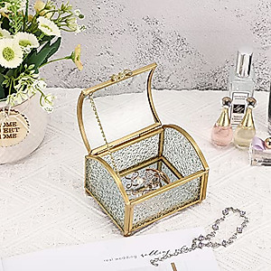 ELLDOO Gold Vintage Glass Jewelry Box with Clear Lid Diamond Pattern Treasure Chest Box Rectangle Keepsake Box Trinket Box, Small Size