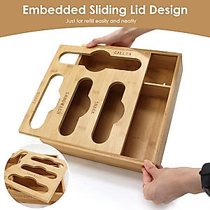 Caredear Bag Storage Organizer for Kitchen Drawer - 12.8" x 12" x 3" Bamboo Bag Organizer, Wall Mount Organizer for Gallon, Quart, Sandwich, Snack, Slider