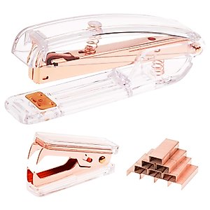 Jmkcoz Rose Gold Acrylic Desktop Stapler Staple Remover with 1000pcs Rosegold Staples for Home School Office Stationery Desk Supplies Accessory Kit
