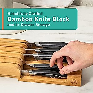 Bamboo Knife Block and In-Drawer Storage, Display Stand and Organizer, Holds to Five 8 Inch Knives, Hand Finished Sustainable Bamboo - 13.78 L x 5.4 W x 2.1 H Inches, Knives Not Included Gen 2
