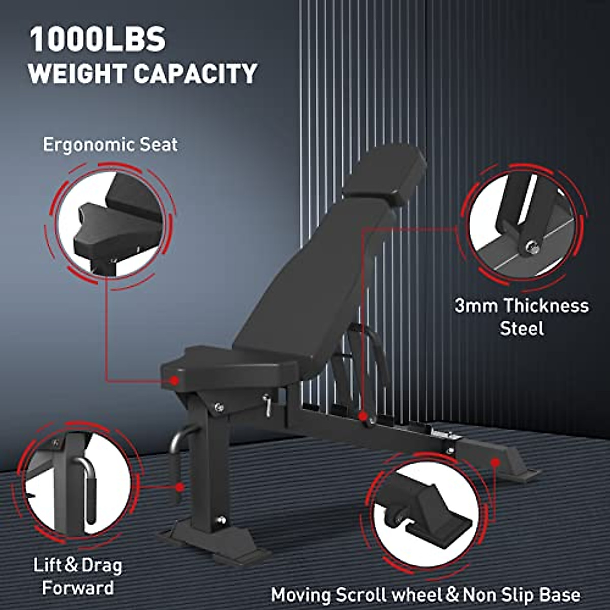 Mikolo 2.36'' x 2.36'' Folding Wall Mounted Squat Rack, 1000 Pounds Capacity Power Rack with Black Weight Bench，Pull Up Bar, J Hooks and Other Attachments, Space-Saving Home Gym，White