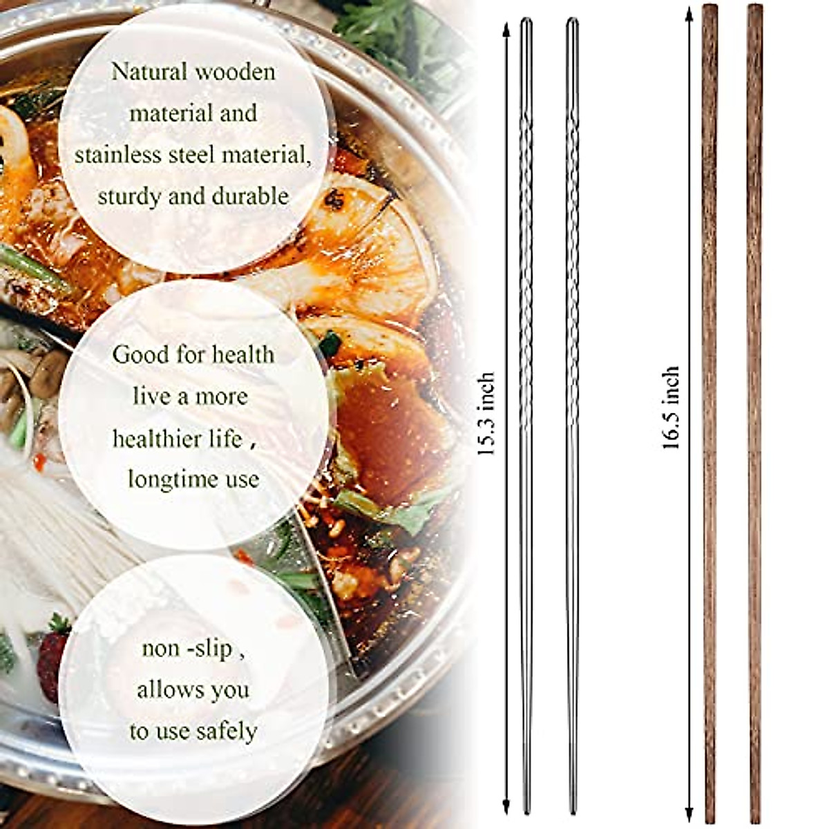 4 Pairs Long Cooking Chopsticks 15.3 Inch Extra Long Stainless Steel Chopsticks with Non Slip Threaded and 16.5 Inch Wooden Noodles Kitchen Cooking Frying Chopsticks (Silver, Wood Color)