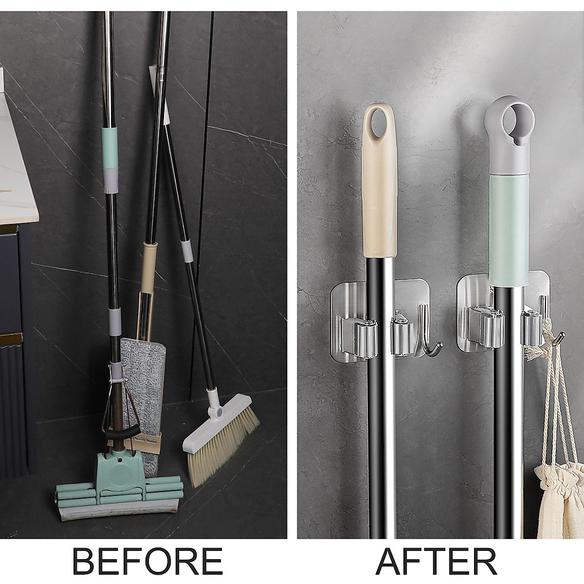 KWOKWEI 5PCS Broom and Mop Holder Wall Mount, Self Adhesive Broom Hanger with Hook, Stainless Steel Garden Tool Organizer Rack Broom Holder for Laundry Room, Bathroom, Garage, Kitchen Silver