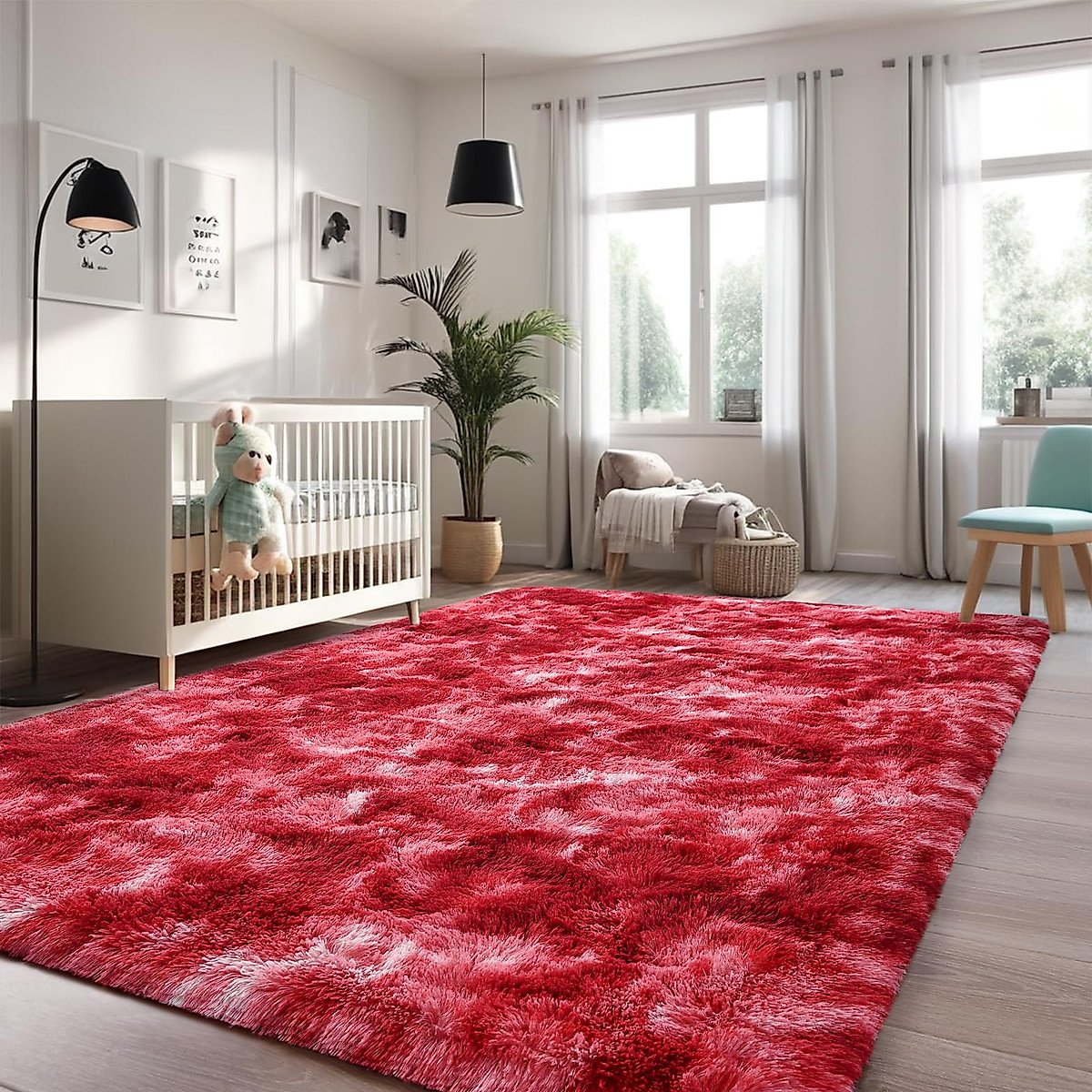 Larhom Fluffy Shag Area Rug, 4x6 ft Burgundy Red Tie-Dyed Shaggy Fuzzy Carpets for Living Room, Ultra Soft Plush Rugs for Bedroom, Girls Kids Room, Nursery Dorm Home Decor, Non-Slip