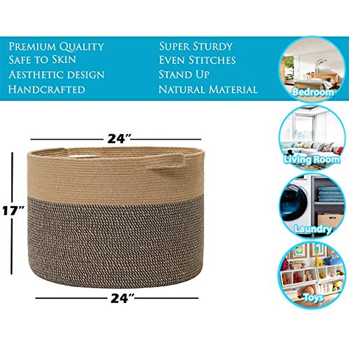 24" x 24" x 17" Max Size Large Cotton Rope Basket, Extra Large Storage Basket, Woven Laundry Hamper, Toy Storage Bin, for Blankets Clothes Toys Pillows in Living Room, Baby Nursery, Jute/Black Mix