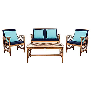 SAFAVIEH Outdoor Collection Fontana Natural/ Navy Cushions/ Blue Pillows 4-Piece Conversation Patio Set