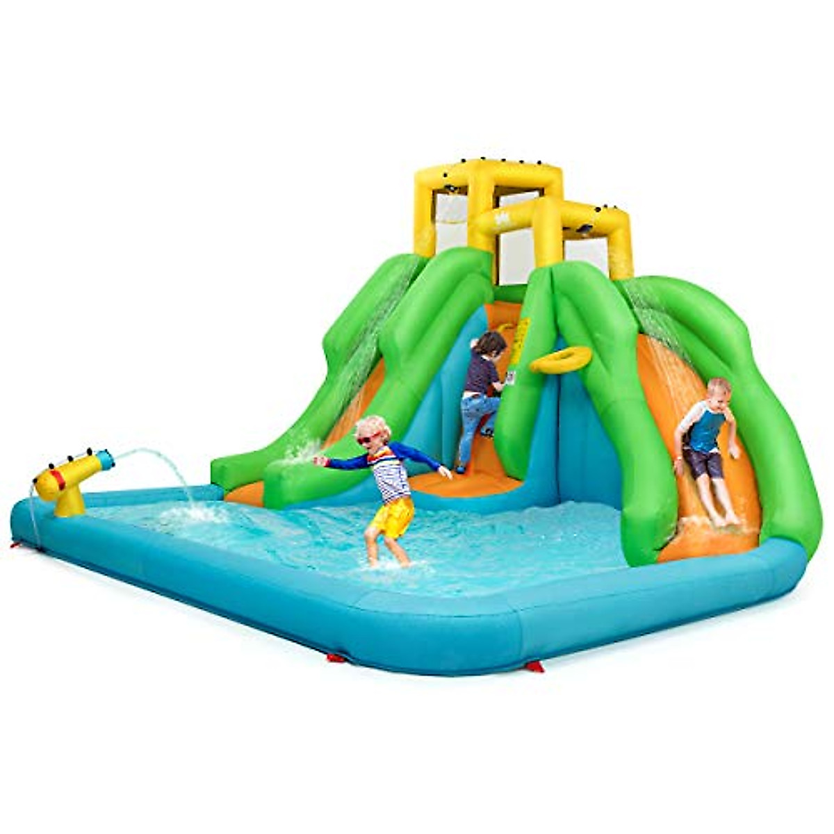HONEY JOY Inflatable Water Slide, 6 in 1 Kids Bouncer Water Park w/Climbing Wall & 2 Long Slides, Splash Pool, Water Cannons, Indoor Outdoor Blow Up Water Slides for Backyard(Without Blower)