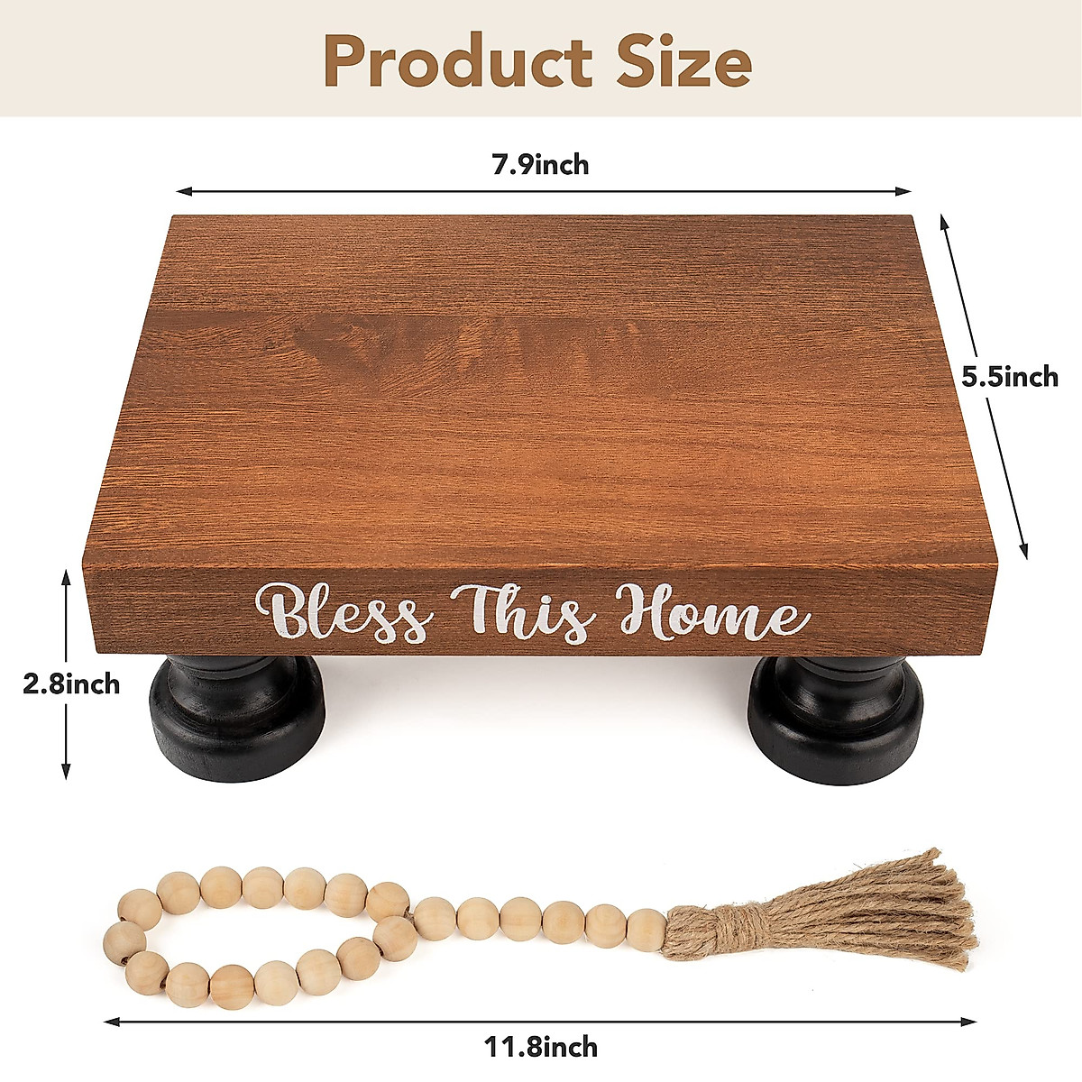 Homotte Wood Risers for Display, Wooden Square Pedestal Stand with Wooden Beads Garland, 8 Inch Small Cute Farmhouse Tray for Bathroom Decor Kitchen Sink Soap Plant Holder