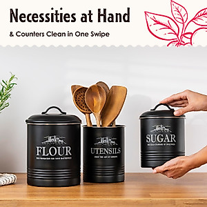 noonberry Black Canisters for Kitchen Counter, Set of 3 - Airtight Sugar and Flour Containers & Kitchen Utensil Holder, Rustic Farmhouse Canister Set for Kitchen Countertop