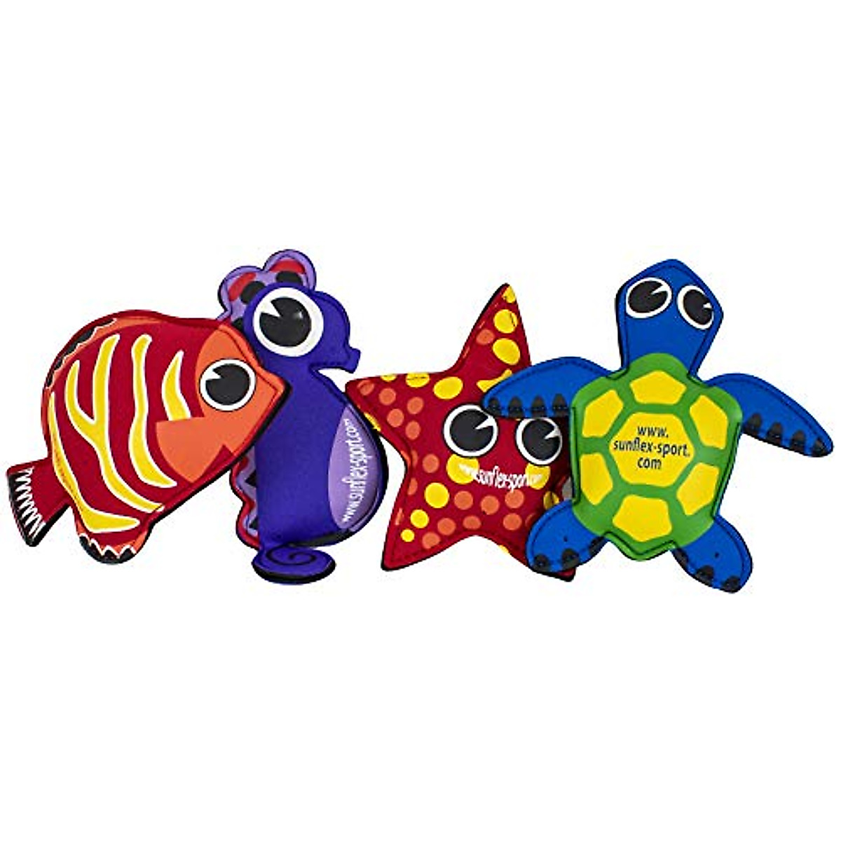 Sunflex Splash Puppies - Floating Neoprene Water Toy Set of Four That Includes 1 Starfish, 1 Turtle, 1 Fish, and 1 Seahorse - Waterproof and UV Resistant Pool Toy