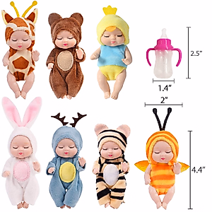 Carreuty Mini Reborn Baby Doll 8 Pcs 4 Inch Tiny Slepping Baby Washable PVC Material Realistic Baby Doll with Animal Clothes and Hat with 2 Milk Bottle for Girls and Boys