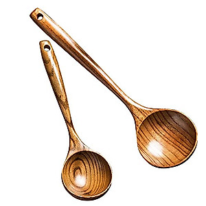 2 Pcs Wooden Spoon Ladle for Cooking Spoons-14 inch Long Kitchen Cooking Spoon & 11 inch Best Wood Spoons Large Deep Serving Spoons Soup Ladles Set