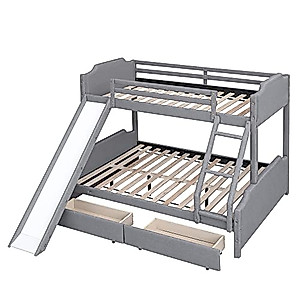Merax Twin Over Full Size Upholstery Bunk Bed, Solid Wood Bed Frame with Two Drawers and Slide, Convertible Slide and Ladder, Headboard and Footboard, Grey