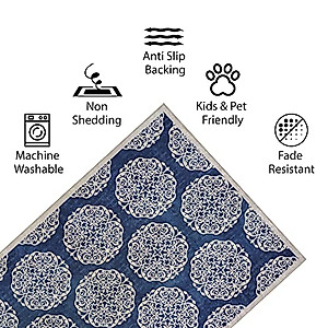 Vernal Machine Washable Area Rug Non Slip Back for Living Room, Bedroom, Dining Room Pet Friendly High Traffic Non-Shedding Rugs Jurupa Collection Carpets 4 X 6 Feet Blue/Cream