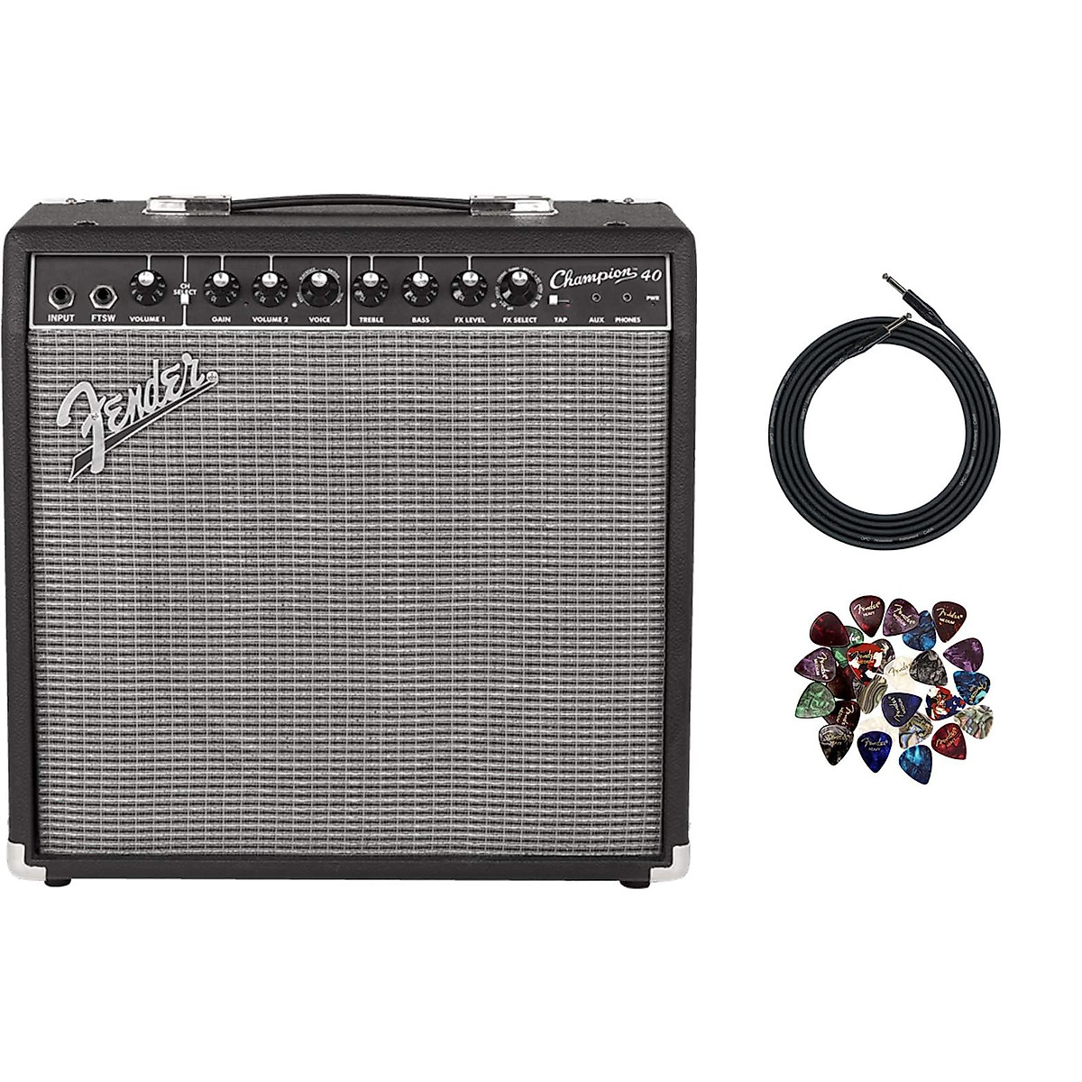 Fender Champion 40 Guitar Combo Amplifier Bundle with Instrument Cable and Picks