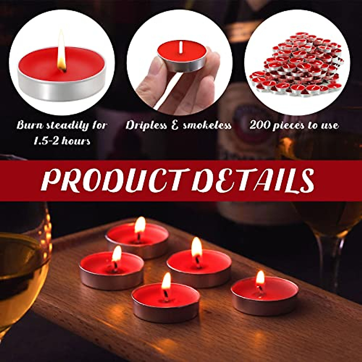 200 Pcs Tea Lights Candles Smokeless Tealight Candles Mini Tealight Candles Dripless Candles Bulk for Dinner Party Home Decoration Wedding Centerpiece Birthday Valentine's Day (Red)