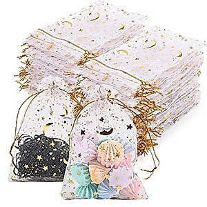 FUSHENMU 100pcs 4x6 Inch White Organza Jewelry Gift Bag,Moon Star Drawstring Candy Bag Pouch for Wedding Baby Shower Party Gift Wrapping Supply