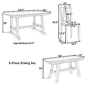 LUMISOL 6-Piece Dining Table Set with Bench, Wood Dinette Set for 6 Kitchen Table Set for Dining Room, Farmhouse Style