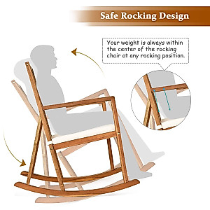 RELAX4LIFE Wooden Rocking Chair Outdoor - Oversized Patio Rocker w/High Backrest, Long Armrest, Removable Soft Cushion, Porch Rocking Chair for Backyard, Garden, Patio Rocking Chair (1, White)