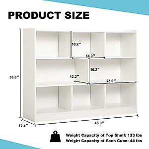 Grepatio Kids Bookshelf and Toy Storage Organizer, 3 Tier 8-Section Storage Daycare Shelf for Playroom, Children 3-Tier Open Wooden Display Book Shelf Organizer for Playroom, Classroom