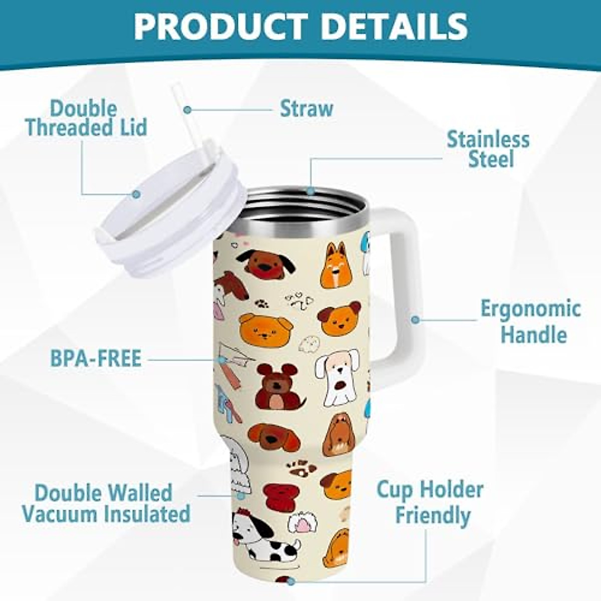 RPLIFE Cartoonish Dog Breeds Beige Stainless Steel Cup, Insulated Coffee Cups with Lids, Coffee Tumbler for Women