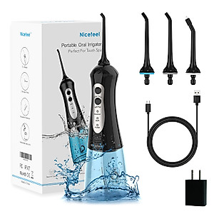 Cordless Water Flosser Teeth Cleaner, Nicefeel 300ML Portable and Rechargeable Oral Irrigator for Travel, IPX7 Waterproof, 3-Mode Water Flossing with 4 Jet Tips for Family