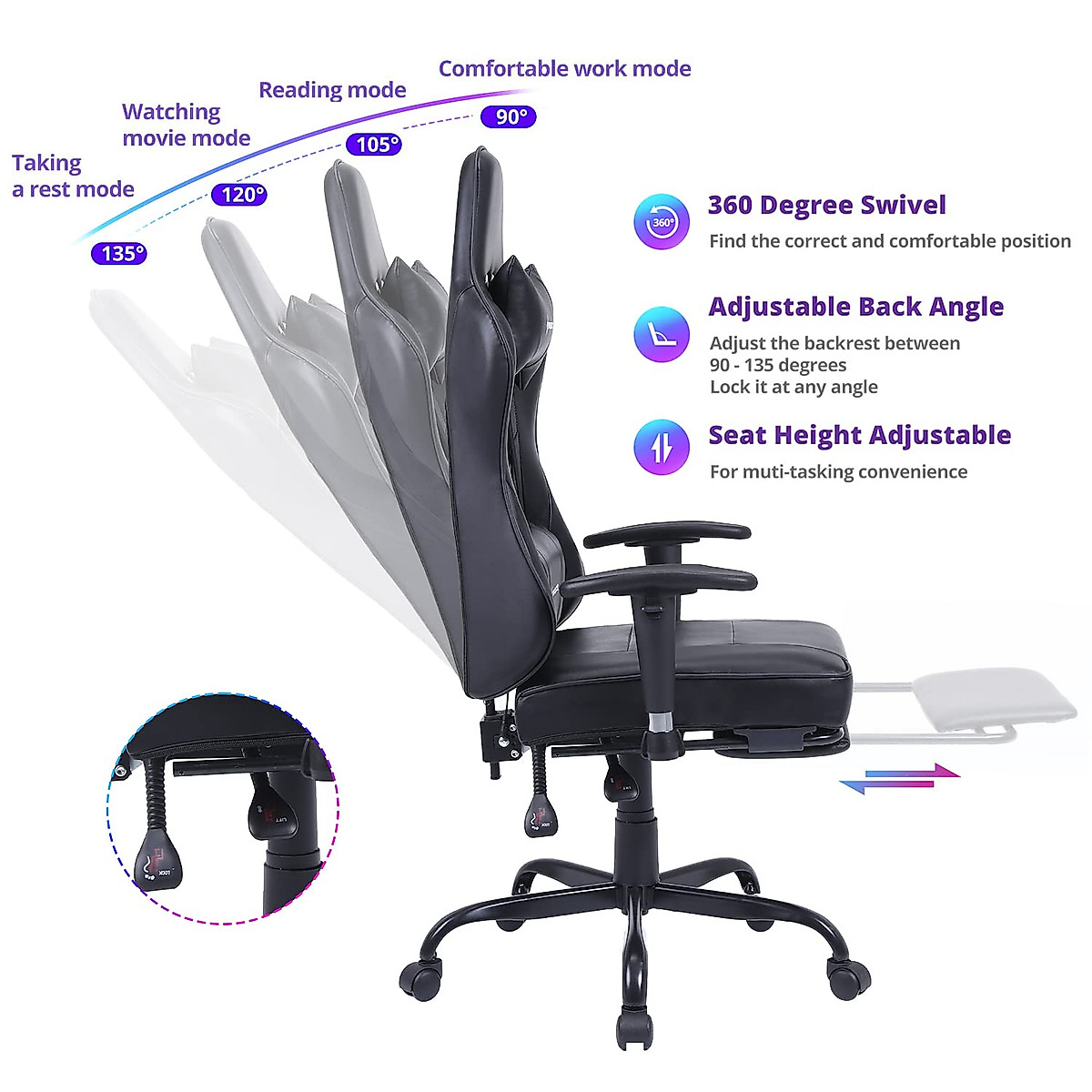 VON RACER Massage Gaming Chair with Footrest - Racing Desk Office Chair with Retractable Footrest and 2D Armrests, High Back Ergonomic Leather Computer Chair(Classic Black)