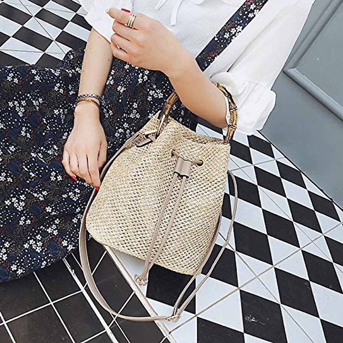 Women's Bucket Drawstring Handbag Straw Shoulder Bag Bamboo Tote Crossbody Bag Beach Bag