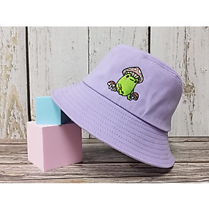 Enodtter Embroidered Frog with Mushroom Bucket Hat for Women Girl Men Kids, Light Purple Embroidery Beach Hat Outdoor Summer Travel Fisherman Cap