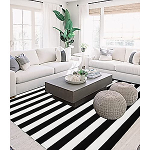Ckorzen Cotton Black and White Striped Rug 8x10 Reversible Hand-Woven Washable Retro Lattice Striped Outdoor Rugs Black and White Area Rug for Kitchen, Dining Room, Bedroom, Living Room