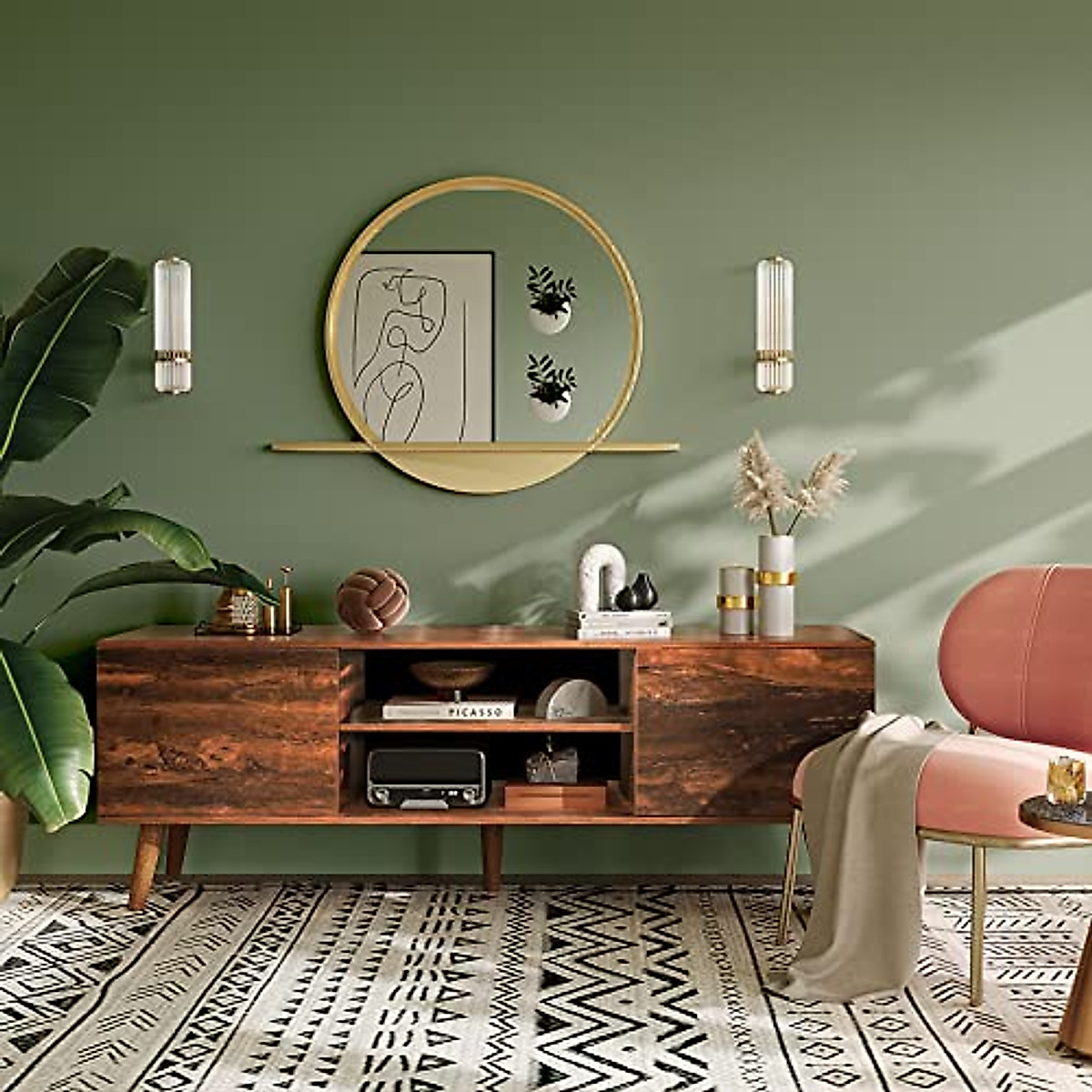 WLIVE TV Stand for 55 60 inch TV, Mid Century Modern TV Console, Entertainment Center with Storage for Living Room, Retro Brown