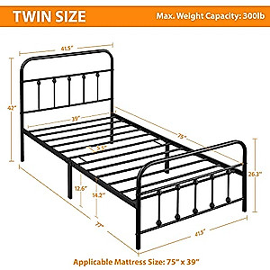 Topeakmart Twin Size Victorian Style Metal Bed Frame with Headboard/Mattress Foundation/No Box Spring Needed/Under Bed Storage/Strong Slat Support Black