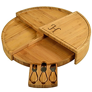 Picnic at Ascot Patented Personalized Monogrammed Engraved Bamboo Cutting Board for Cheese & Charcuterie with Knives & Cheese Markers - Stores as a Compact Wedge - Opens to 18" Diameter