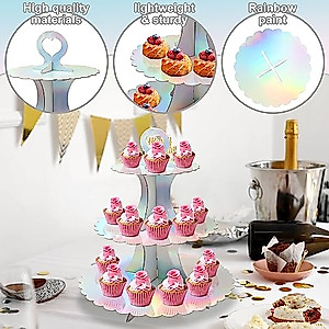 Anjmd 3 Tier Round Rainbow Cupcake Stand Holder Cardboard Mini Dessert Stand Cupcake Tower for 24 Cupcakes Pastry Serving Platter Perfect for Party Baby Shower Birthday Wedding Party Supplies
