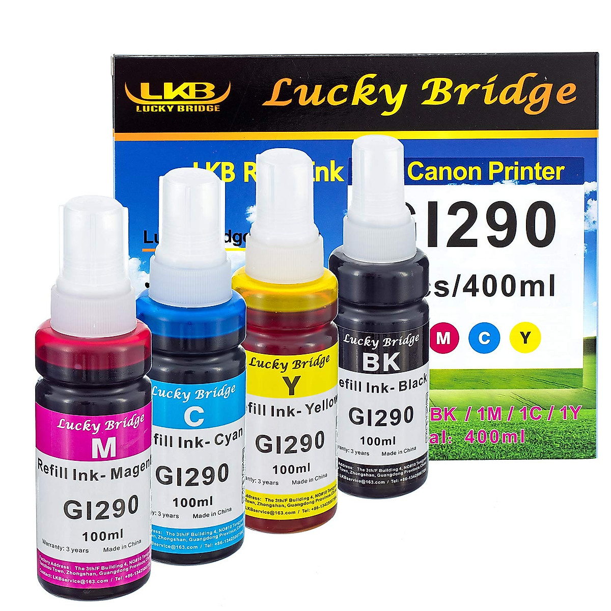 Lucky Bridge 400ml GI290 Compatible Refill Ink for GI-290 GI290 Color Ink Kit for Canon PIXMA G4200 G4210 G3200 G1200 G2200 Printer 100ml for 1BK 1M 1C 1Y(4PK=400ml)-US