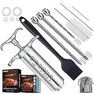 UikieGo 2oz Heavy duty 304 Stainless Steel Meat Marinade Injector Include User Manual (Paper Book) and BBQ Guide E-Book (PDF) for Smoker BBQ Grill Roast (Stoage Bag)
